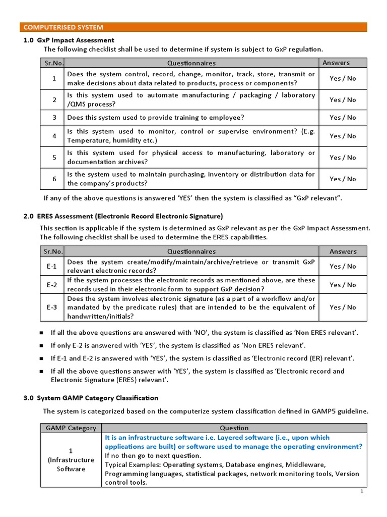 Computerised System GXP Assessment | PDF | Application Software | Software