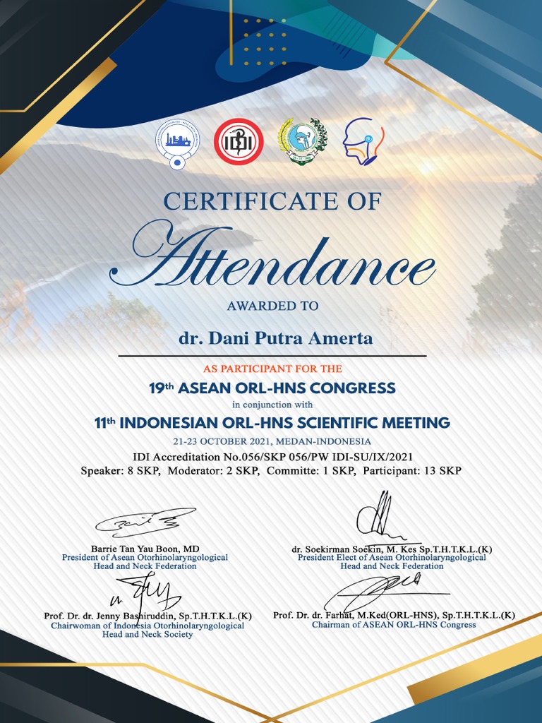 Certificate ASEAN ORL-HNS CONGRESS Dr. Dani Putra Amerta PDF | PDF