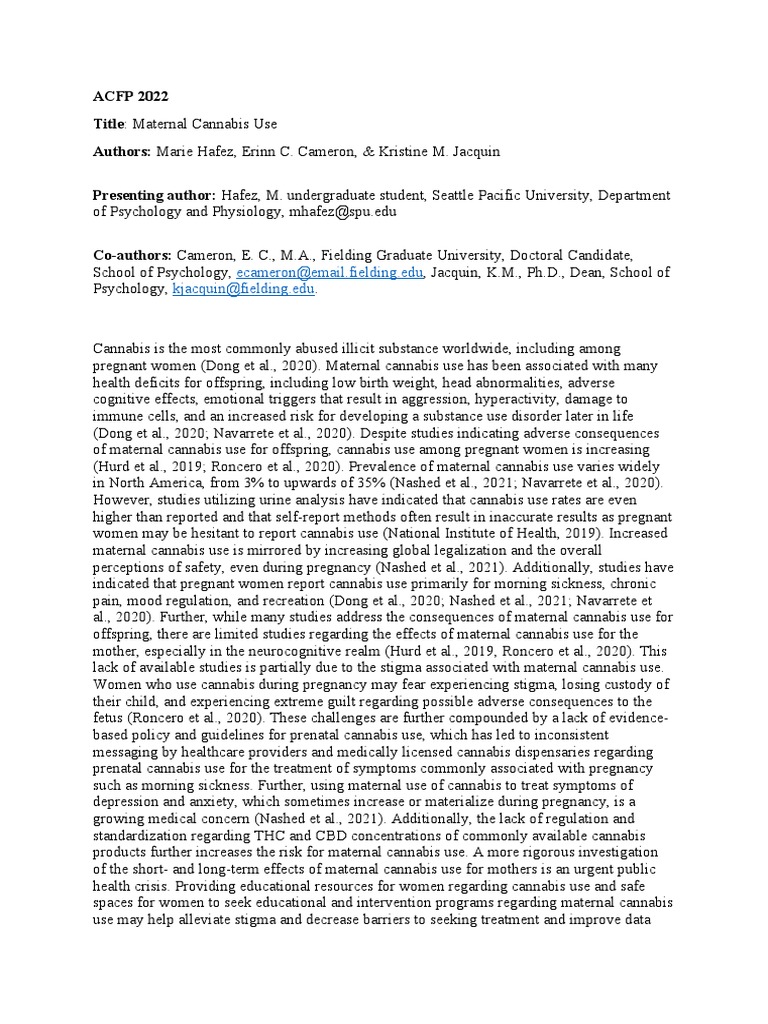 Hafez, Cameron, & Jacquin Maternal Cannabis Use ACFP Proposal 2022 ...