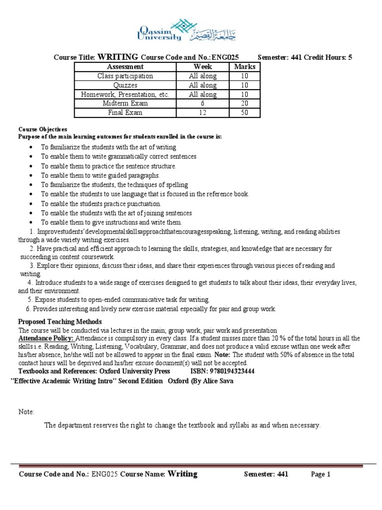 Writing: Course Title: Course Code and No.:ENG025 Semester: 441 Credit ...