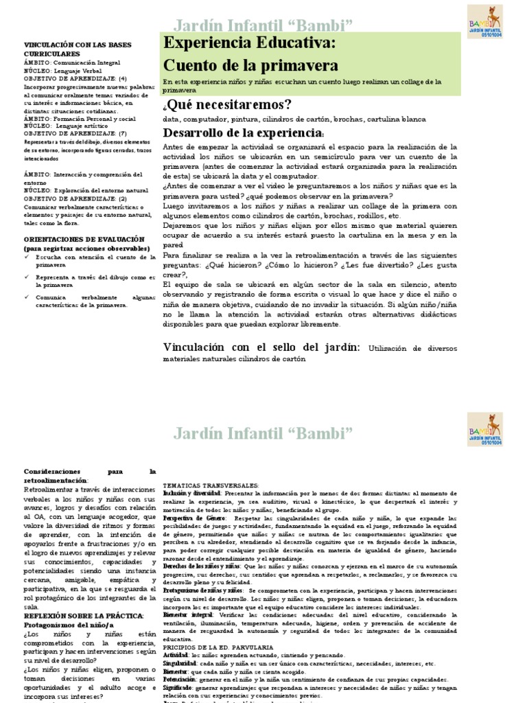 PLANIFICACION cuento de la primavera | PDF | Educación de la primera ...