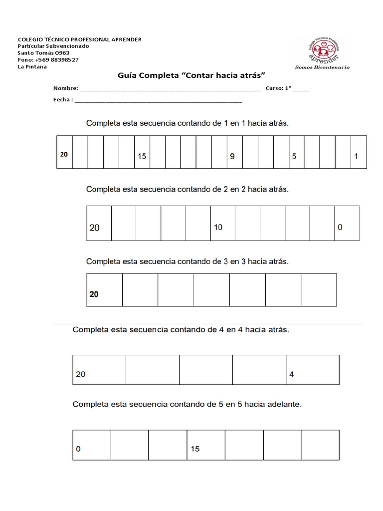 Guía Contar Hacia Atras Clase 4 Semana Del 4 Al 8 | PDF