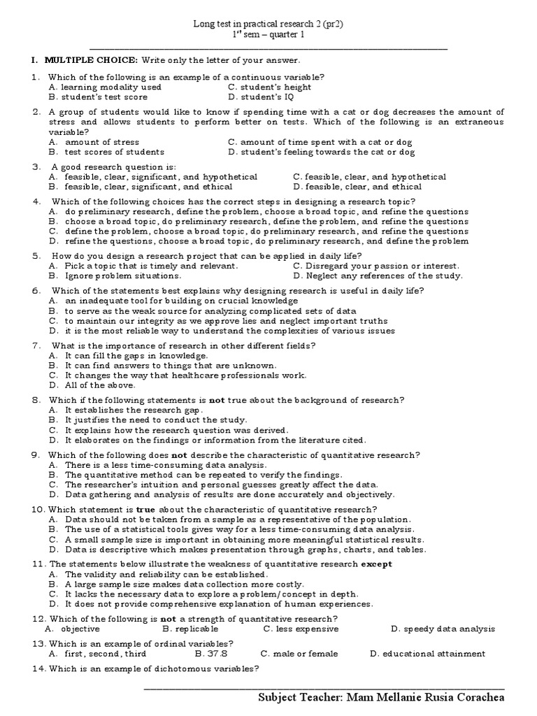 Long Test in PR2 - Q1 | PDF | Statistics | Data