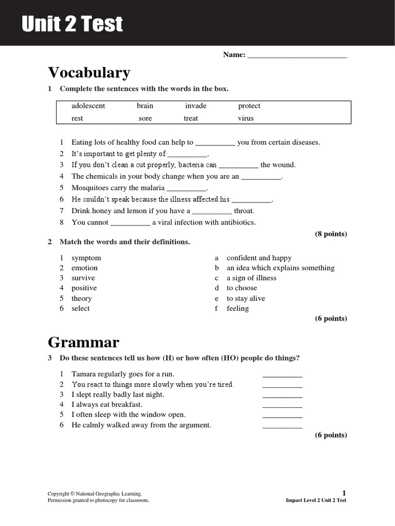 Impact Level 2 Unit 2 Test 0 | PDF | Adolescence | Infection
