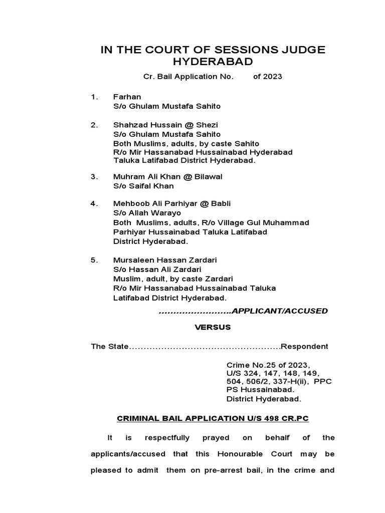 Bail Application 498 CR - PC 324 PPC Adv. Mehboob Solangio | PDF | Bail ...
