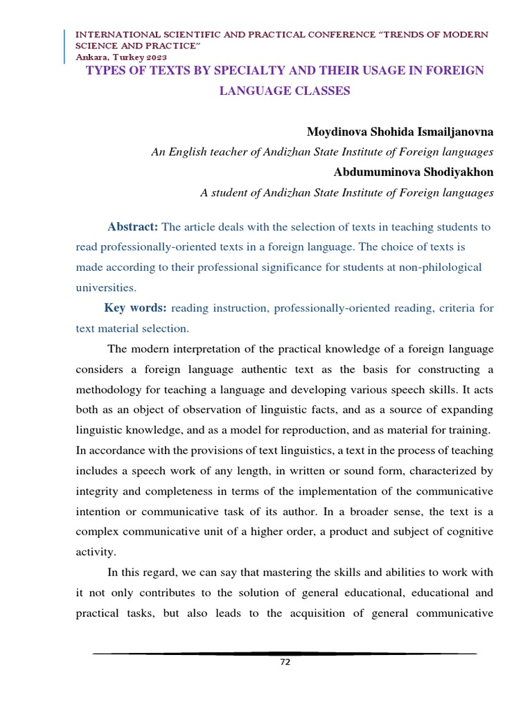 Types of Texts by Specialty and Their Usage in Foreign Language Classes | PDF | Linguistics ...