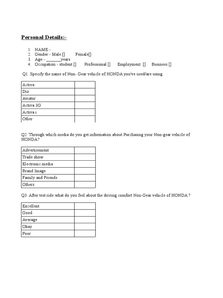 Honda Company Questionnaire | PDF