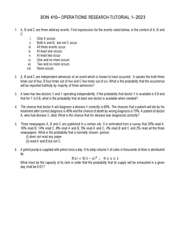 BON 410 (Tutorial 1 & 2 With Solutions, 2023) | PDF | Medical Diagnosis