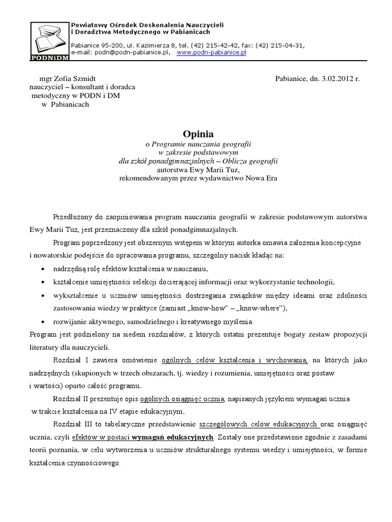 Opinia o Programie Nauczania Oblicza Geografii ZP | PDF Opinia o Programie Nauczania Oblicza Geografii ZP | PDF