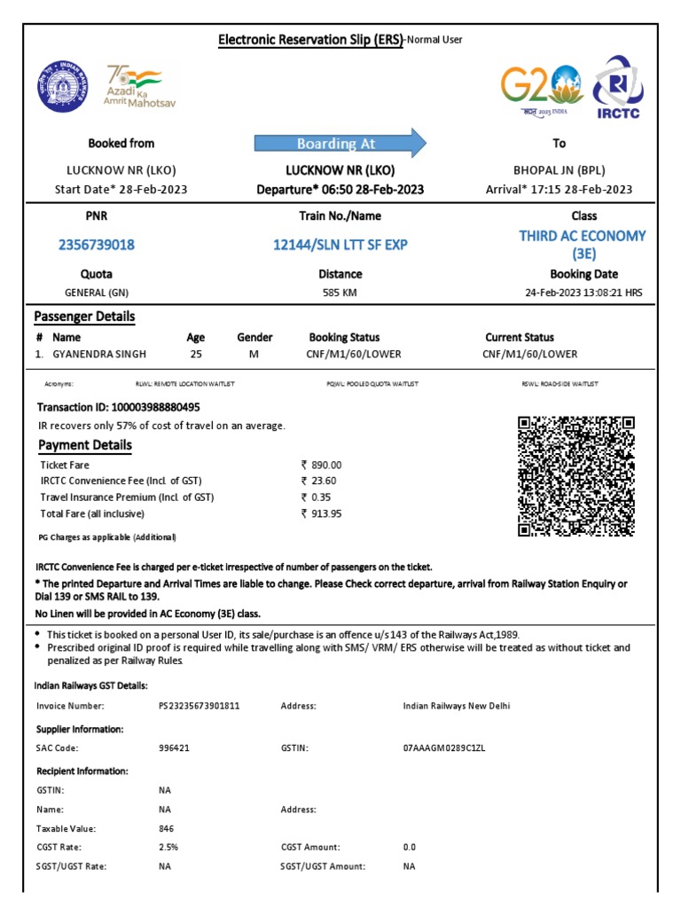 12144/Sln LTT SF Exp Third Ac Economy (3E) | PDF | Identity Document