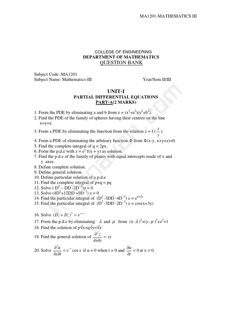 MA1201 Mathematics III Question Bank | PDF | Trigonometric Functions ...