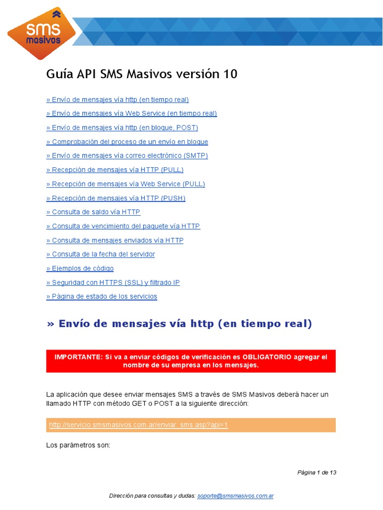 Guía API SMS Masivos v10 | PDF | Protocolo de Transferencia de ...