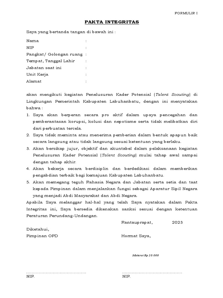 3. PAKTA INTEGRITAS (Formulir I) (1) | PDF