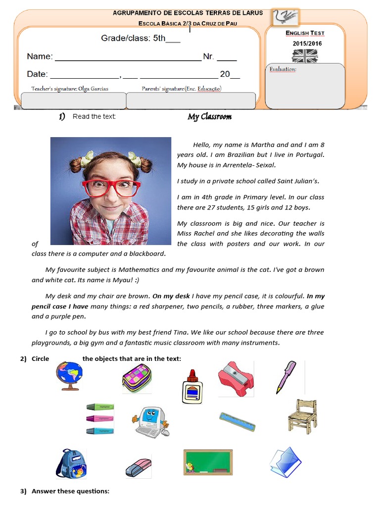 5th Form 5th Grade English Test Classroom Objectss Tests - 87684 | PDF ...