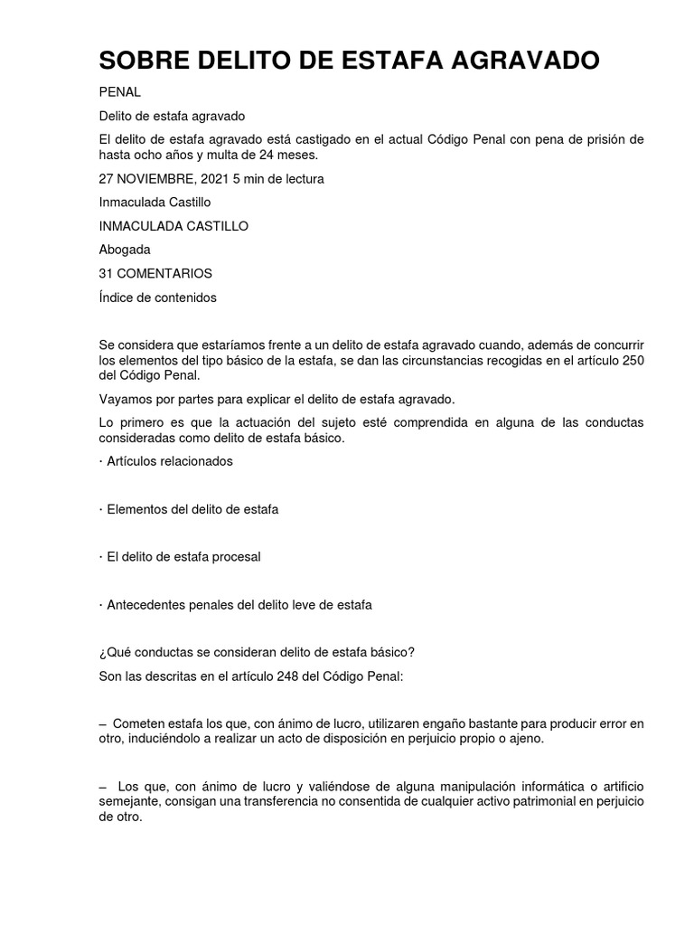 Sobre Delito de Estafa Agravado | PDF | Trucos de confianza | Castigos