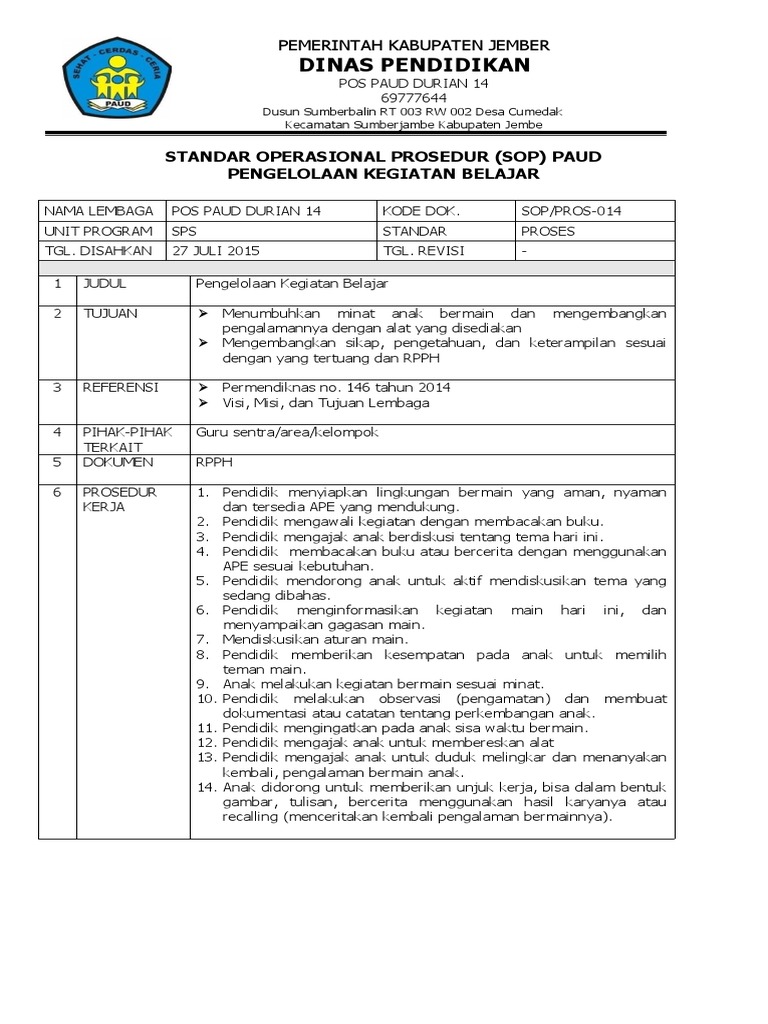 14 Sop Paud Pengelolaan Kegiatan Belajar | PDF | Karier & Perkembangan