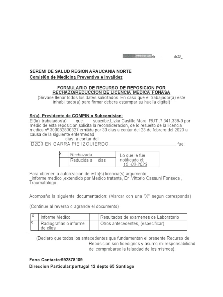 Formulario Recurso Reposición Licencia Médica | PDF