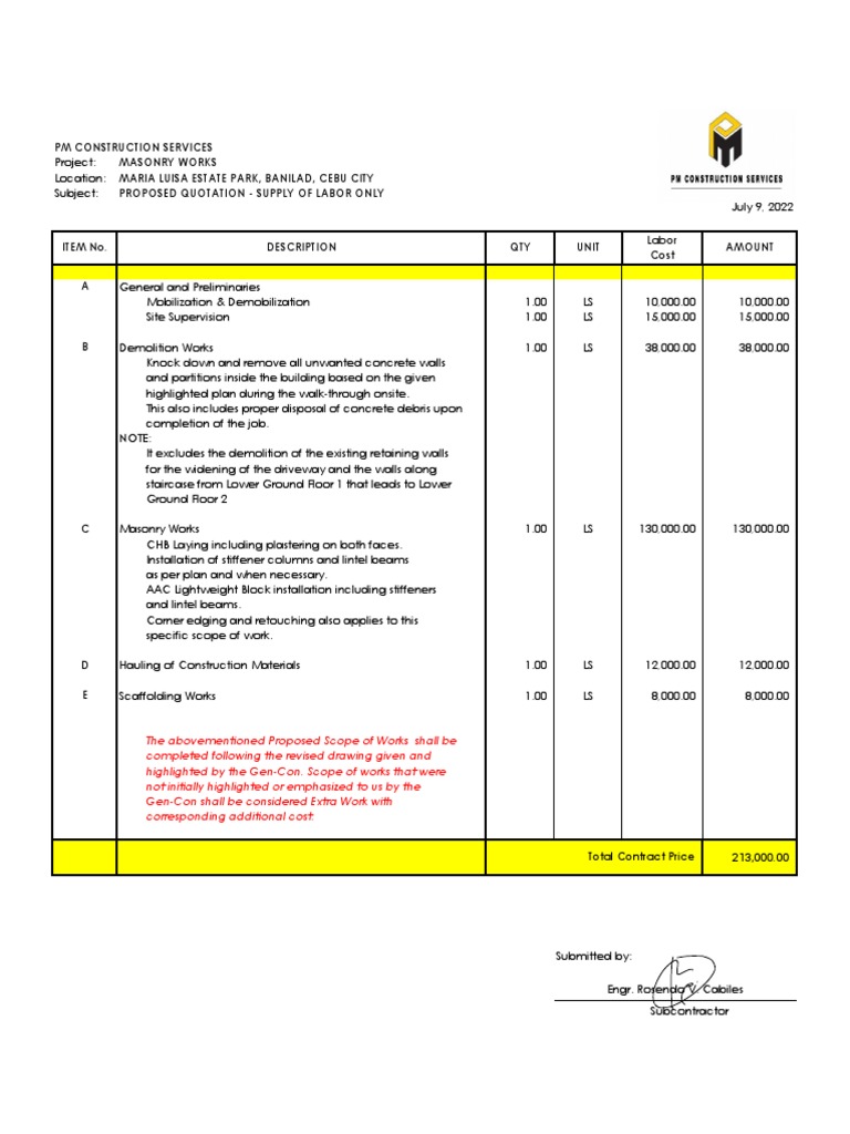 PM Construction Services Masonry Works Proposed Quotation - Supply of Labor Only | PDF | Civil ...