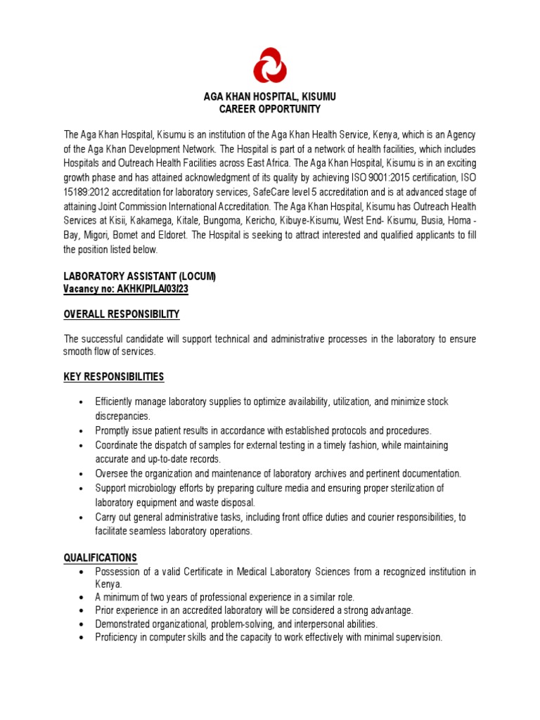 Laboratory Assistant Advert - March 2023 PDF | PDF | Medical Laboratory | Recruitment
