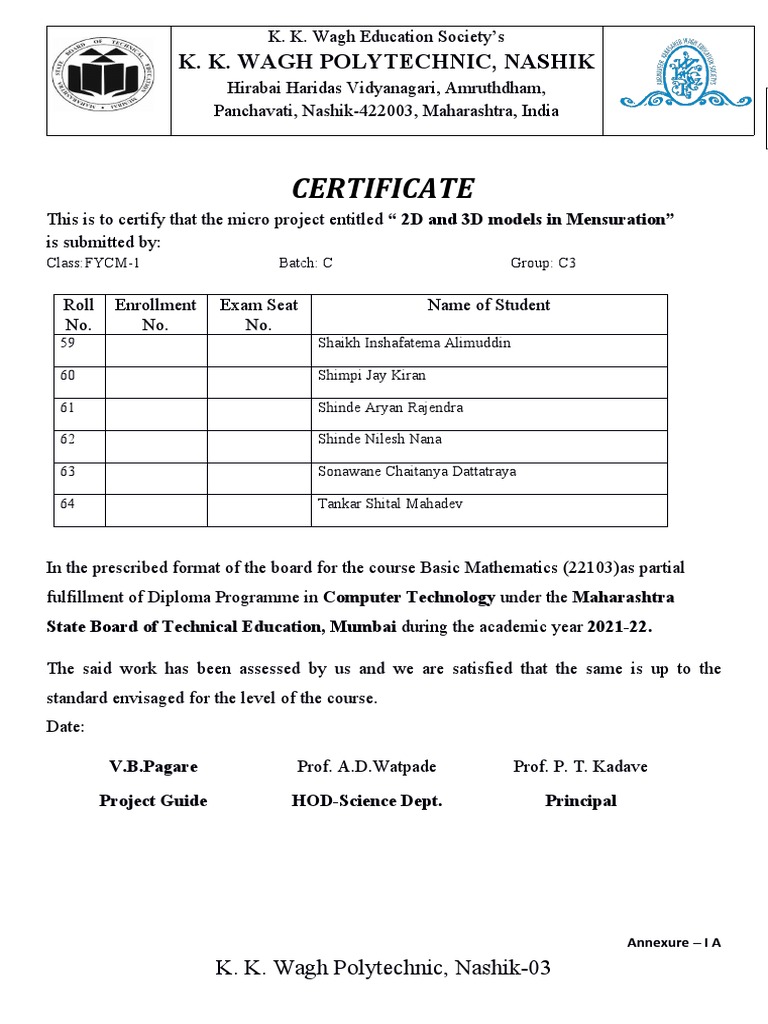 Certificate: K. K. Wagh Polytechnic, Nashik | Download Free PDF | Specification (Technical ...