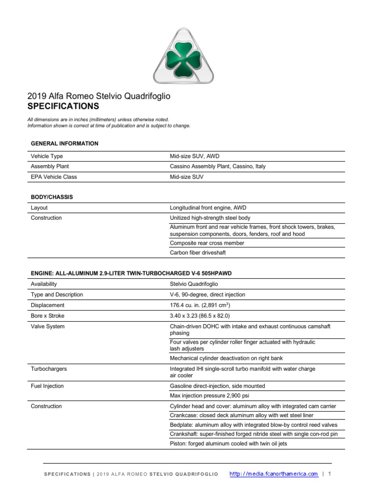 2019 AR Stelvio Quadrifoglio Specifications FINAL | PDF | Horsepower ...