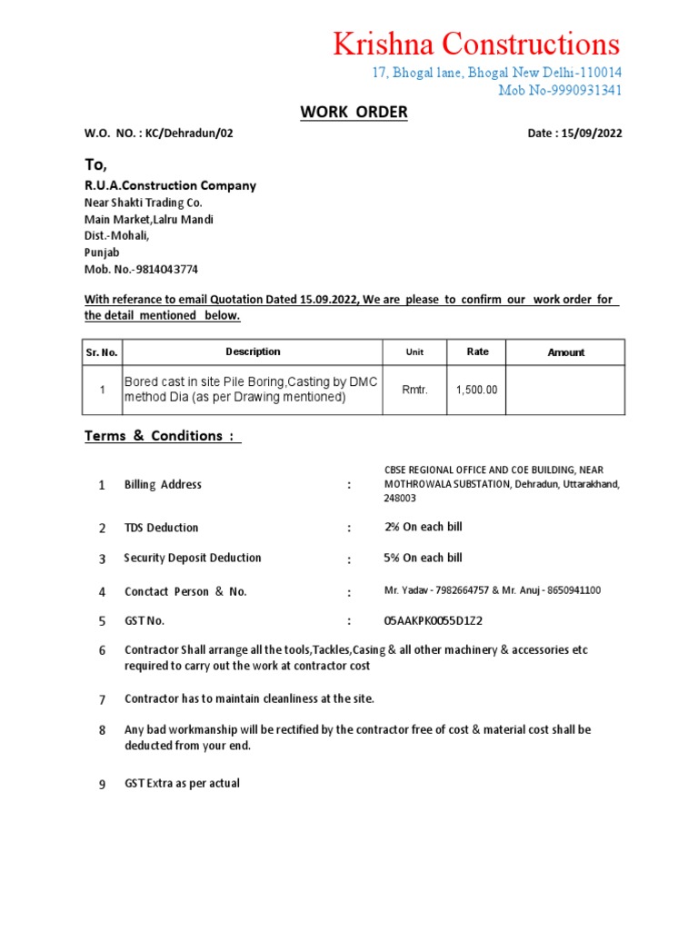 Krishna Constructions: Work Order To | PDF | Economies | Government