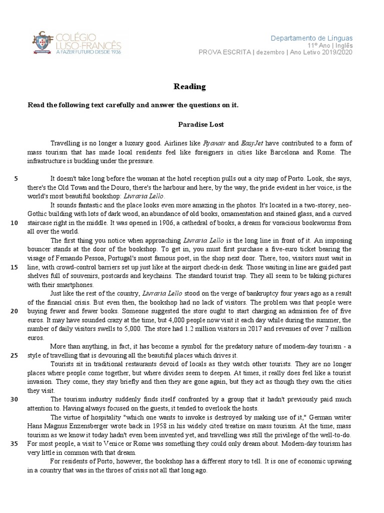 Reading: Read The Following Text Carefully and Answer The Questions On ...