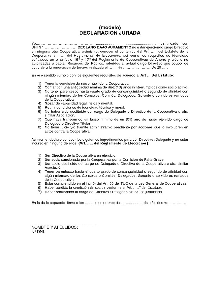 1 Modelo DDJJ para Directivos | PDF | Cooperativa | Gobierno