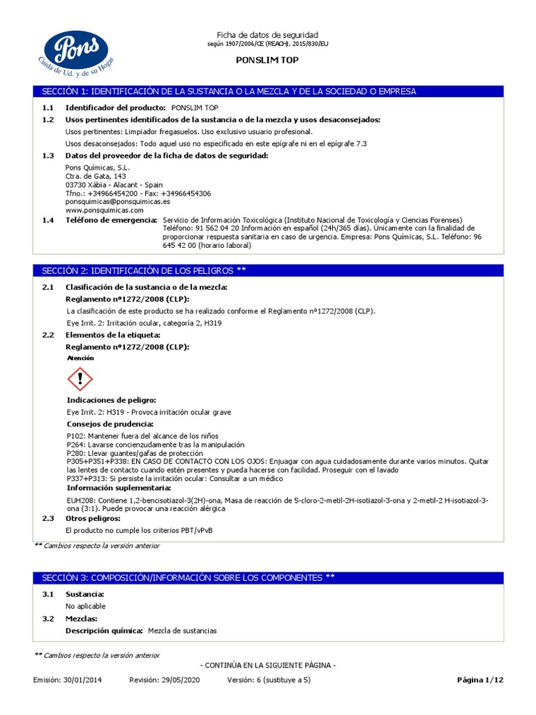 FDS Detergente PONSLIM - TOP | PDF