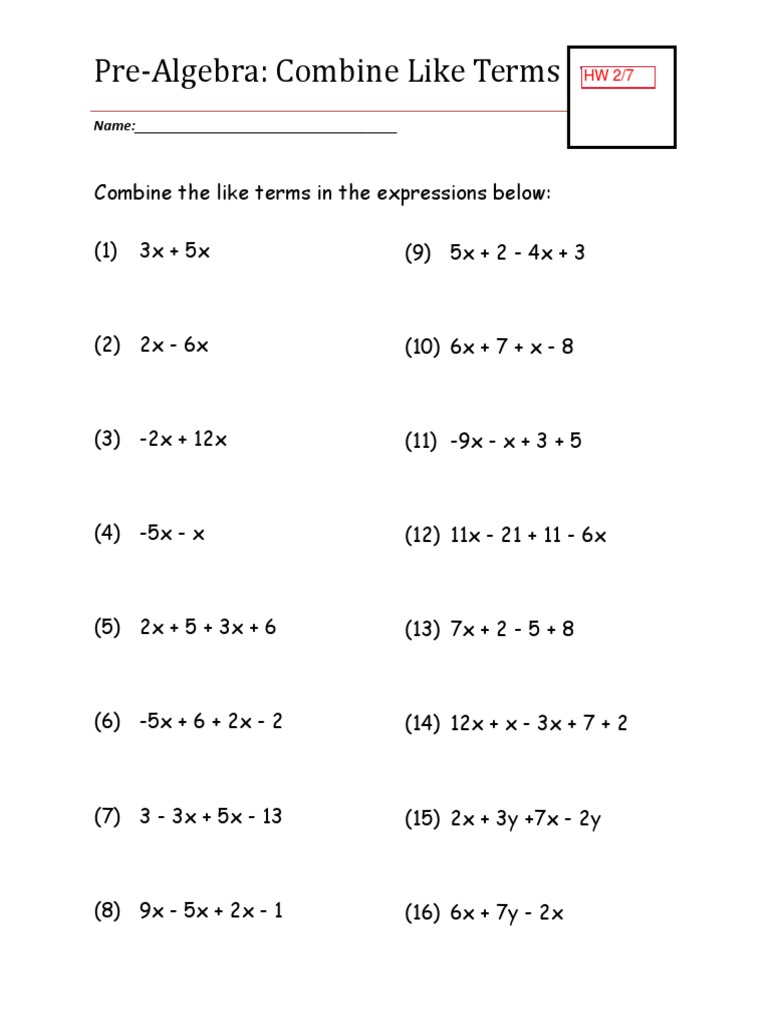 Pre Algebra Practice Worksheet Combine Like Terms | PDF