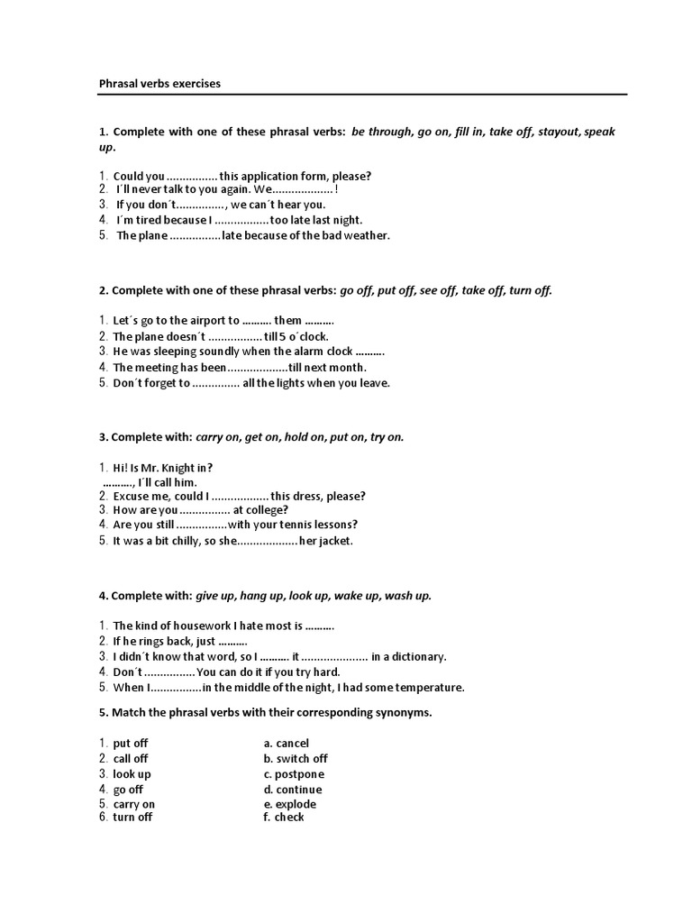 Phrasal Verbs Exercises for Grade 5 | PDF