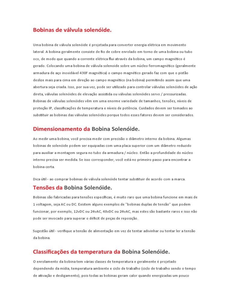 Bobinas de Válvula Solenóide | PDF | Magnetismo | Indutor