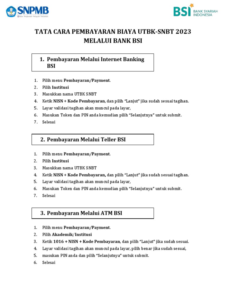 Tata Cara Pembayaran Biaya UTBK-SNBT 2023 BSI Rev | PDF