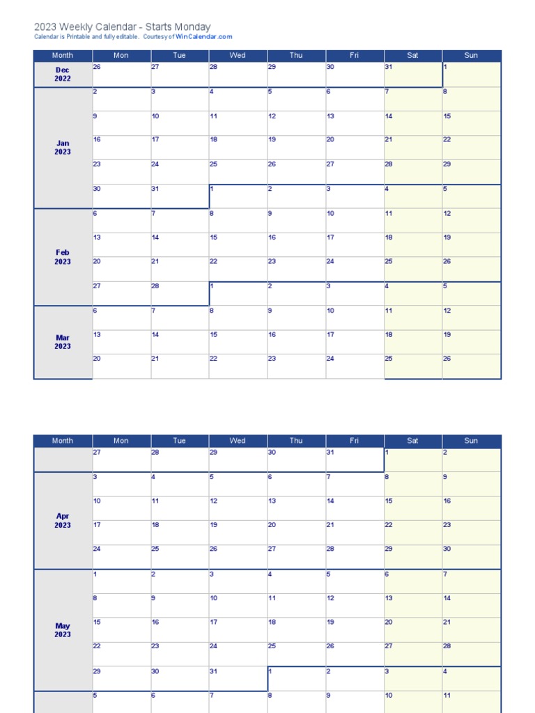 2023 Weekly Calendar Monday | PDF