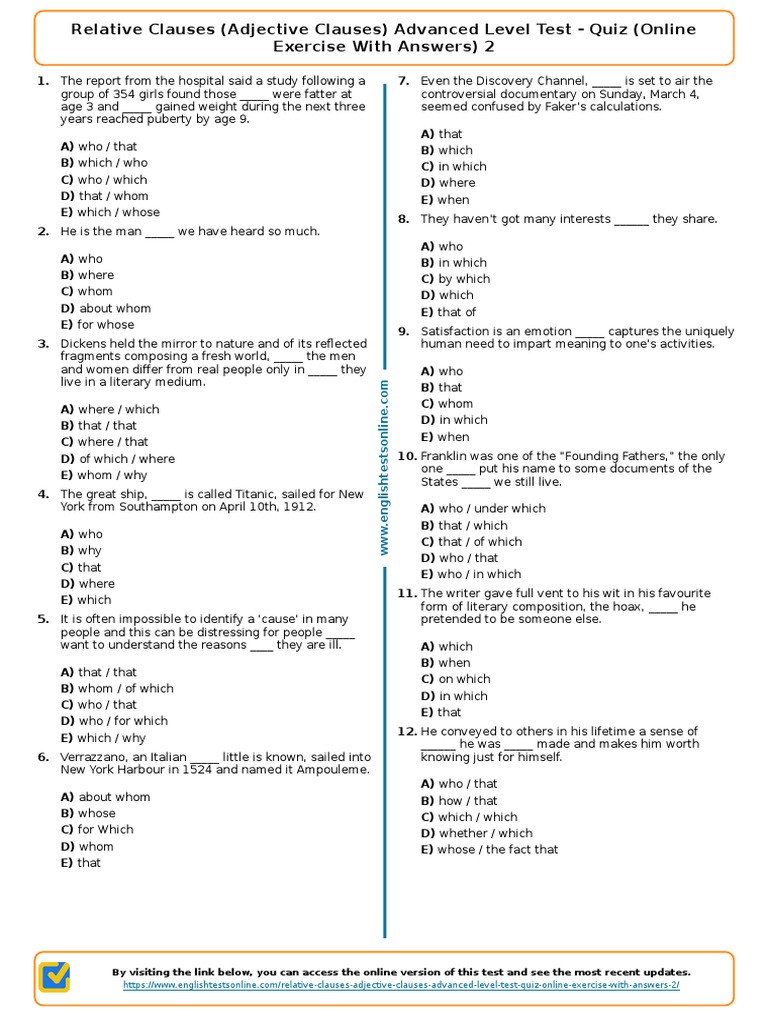 344 - Relative Clauses Adjective Clauses Advanced Level Test Quiz ...