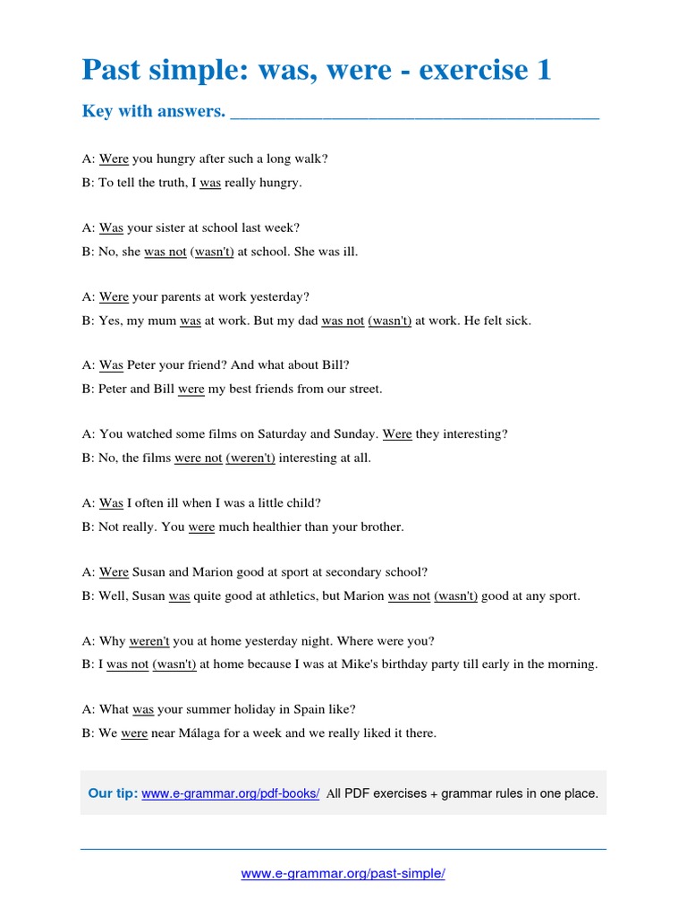 Past Simple Was Were Exercise 1 Key | PDF | Language Arts & Discipline ...
