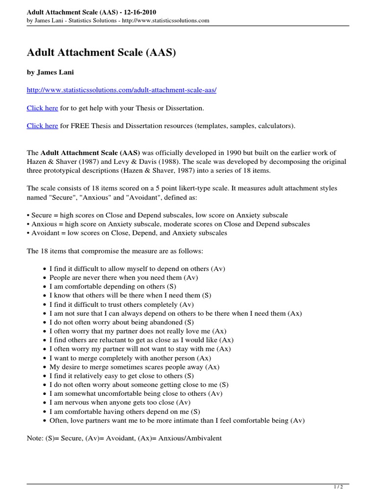 Adult Attachment Scale Overview | PDF | Attachment Theory | Social ...