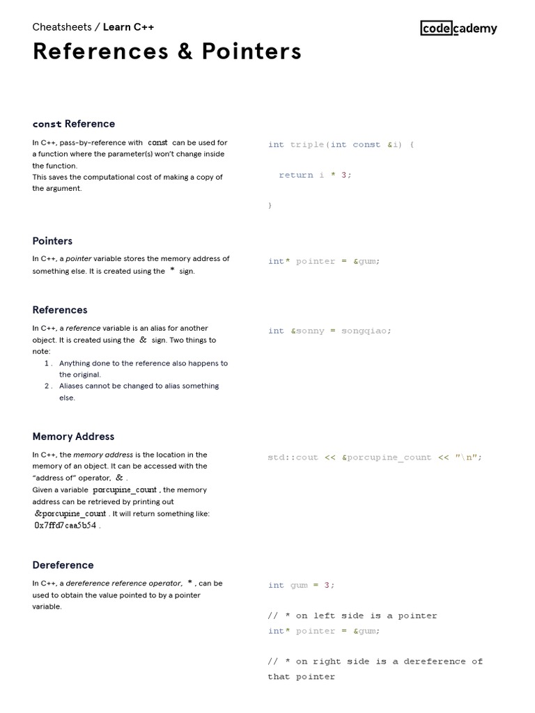 Learn C++ - References & Pointers Cheatsheet - Codecademy | PDF | Pointer (Computer Programming ...