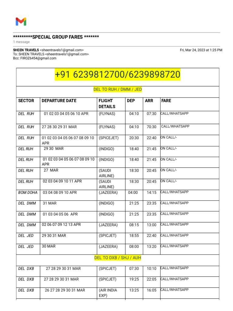 SPECIAL GROUP FARES : Sector Departure Date Flight Details DEP ARR Fare ...