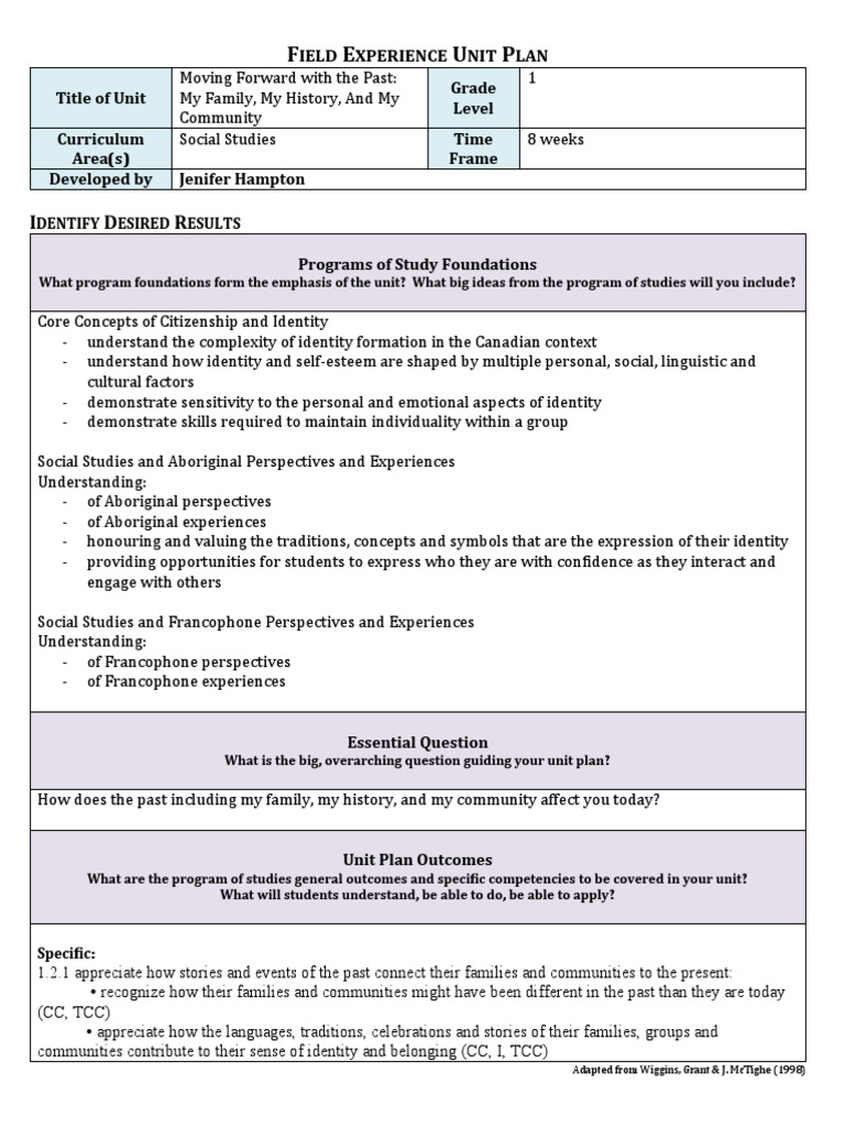 Unit Plan Moving Forward With The Past My Family My History and My ...