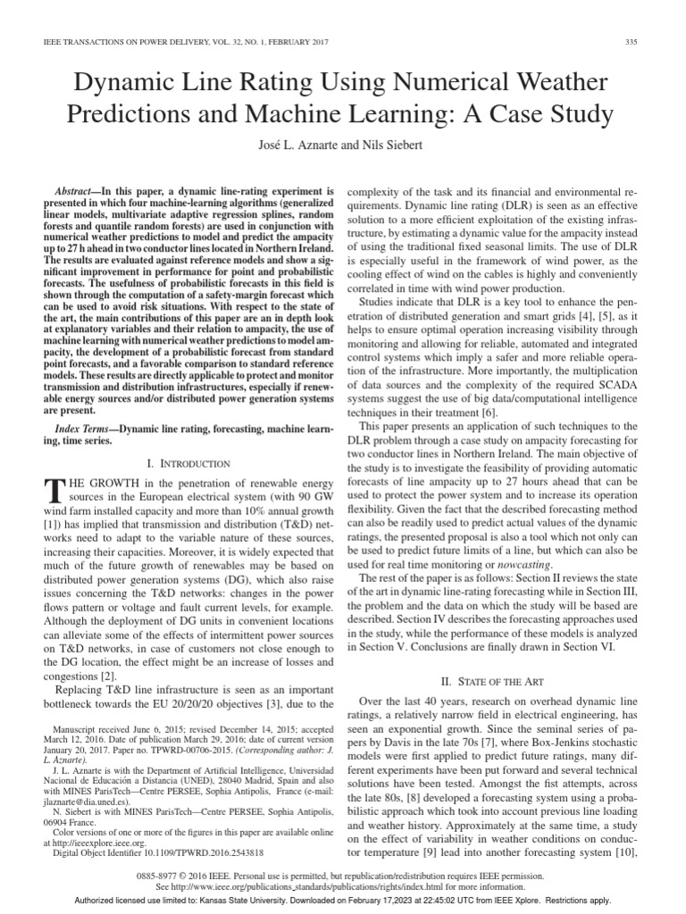 Dynamic Line Rating Using Numerical Weather Predictions and Machine ...