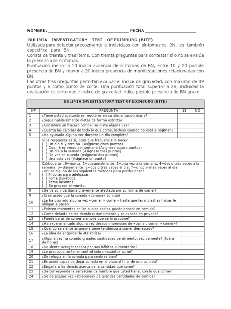 Test de Bulimia de Edimburgo (BITE) | PDF