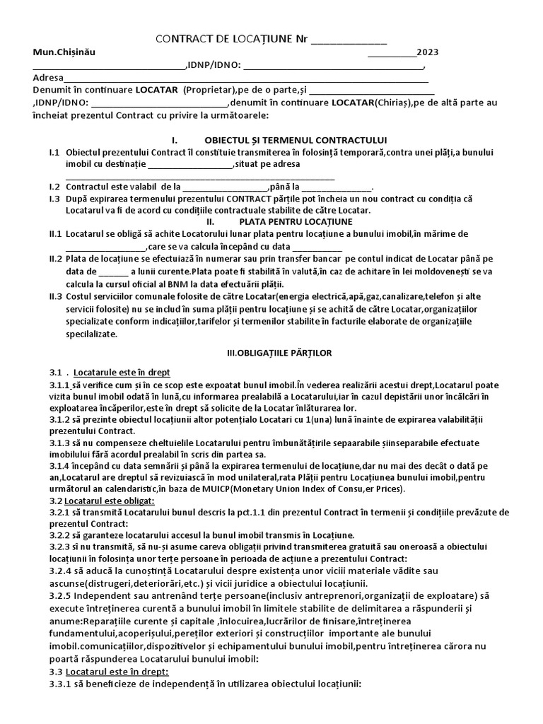 CONTRACT DE LOCAȚIUNE NR | PDF