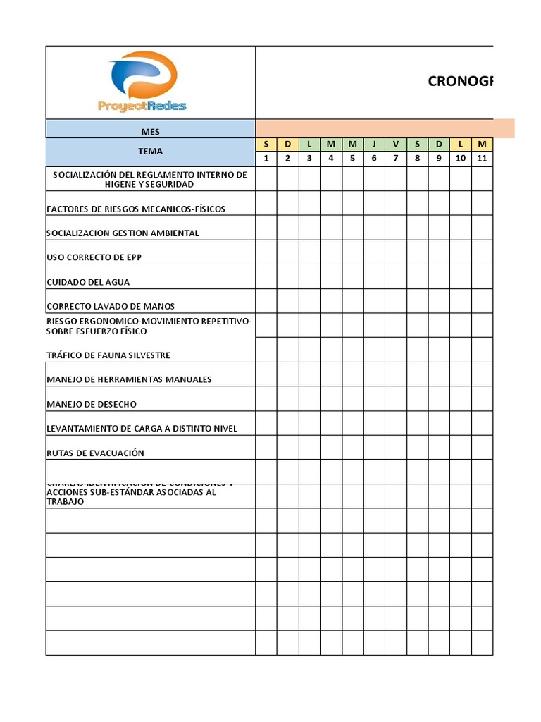 Cronograma de Charlas de Seguridad: MES Tema S D L MM J V S D L M 1 2 3 ...