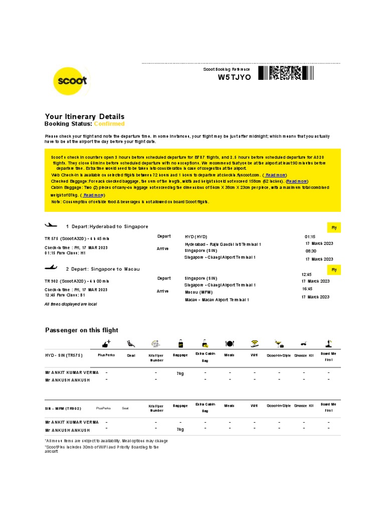 Your Scoot Booking Confirmation W5NJYV PDF | PDF | Baggage | Transport