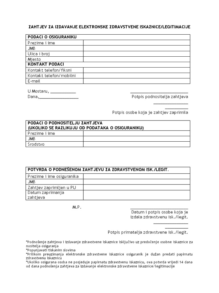Zahtjev Za Izdavanje Elektronske Zdravstvene Iskaznice Legitimacije | PDF