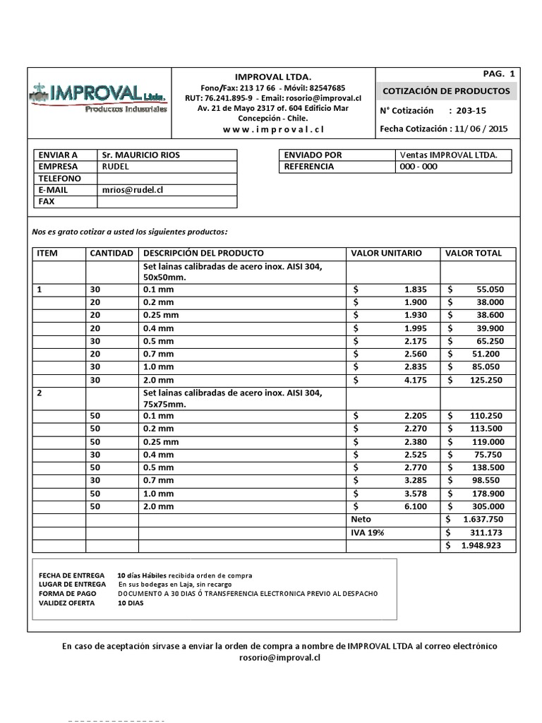 Cotizacion 203-15 Lainas Improval | PDF