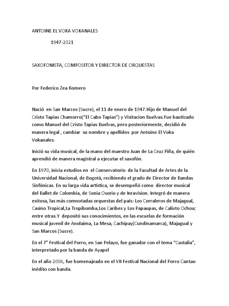 Antoine El Voka Vokanales: Legado Musical | PDF | Ciencias sociales | Arte