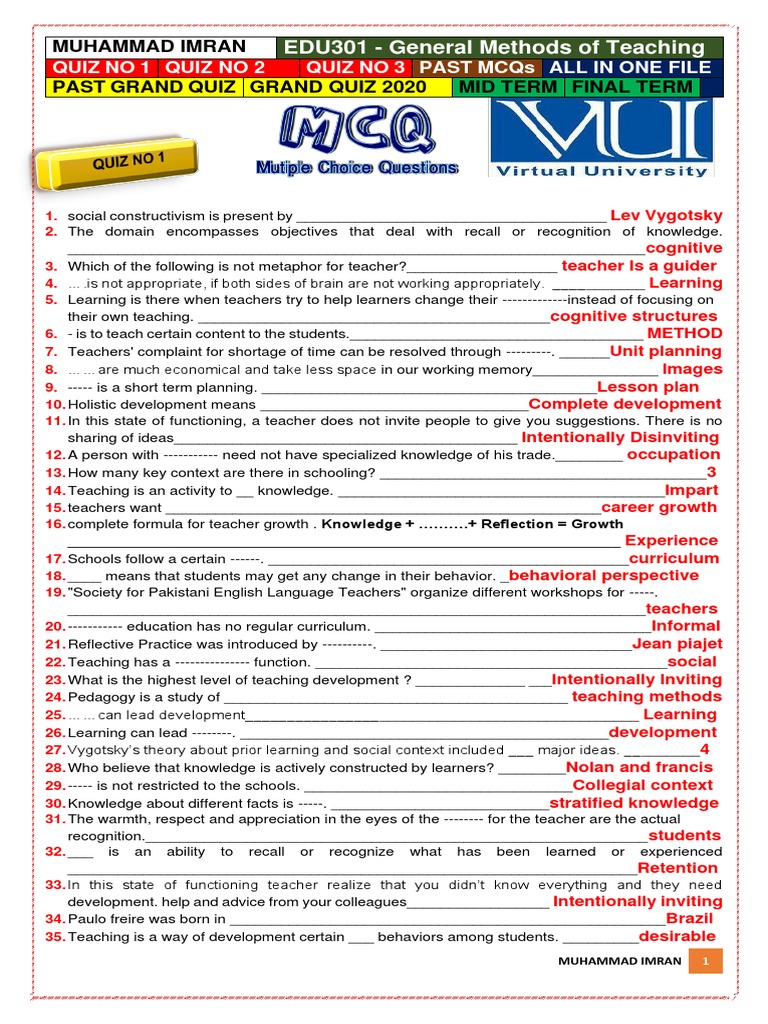 EDU301 - General Methods of Teaching (QUIZ 1-2-3) (PAST GRAND QUIZ ...