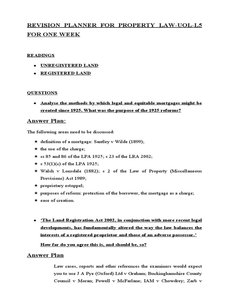 Revision Planner (Property Law) | PDF | Adverse Possession | Property Law